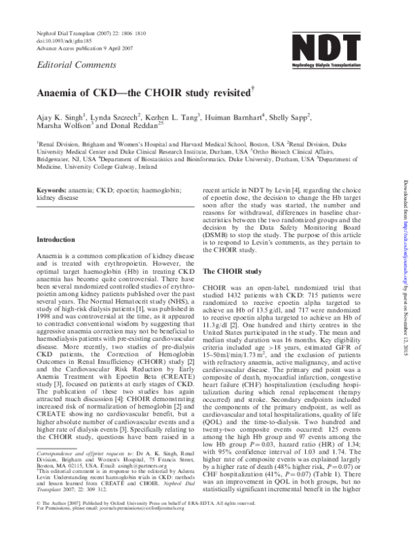 (PDF) Anaemia of CKD—the CHOIR study revisitedy