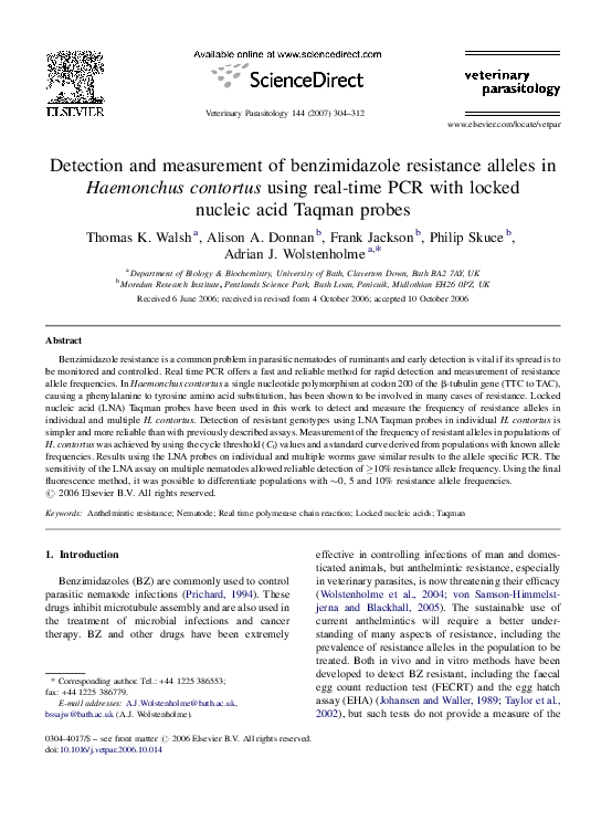 Pdf Detection And Measurement Of Benzimidazole Resistance Alleles In Haemonchus Contortus