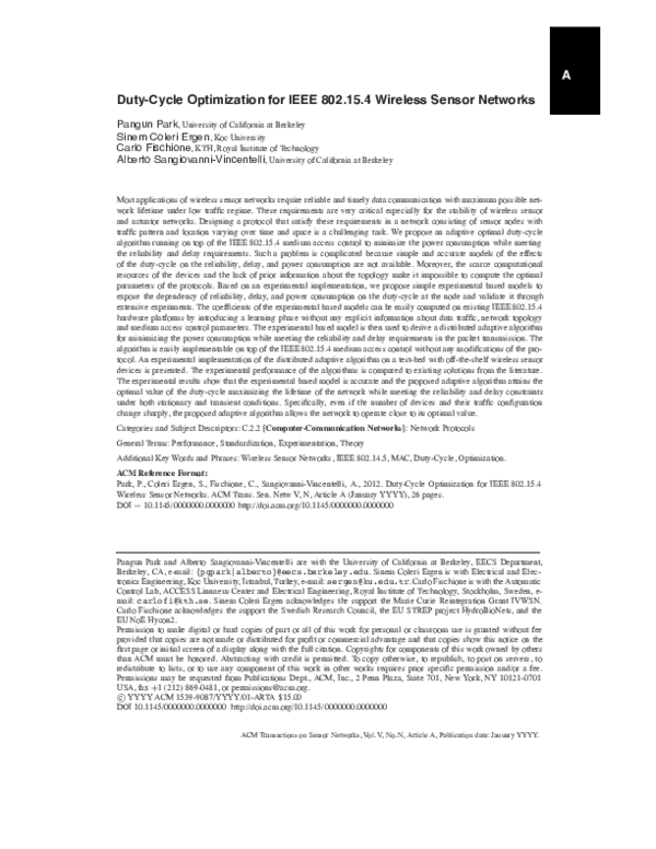 (PDF) Duty-cycle optimization for IEEE 802.15.4 wireless sensor networks