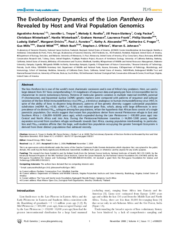 (PDF) The Evolutionary Dynamics of the Lion Panthera leo Revealed by Host and Viral Population ...
