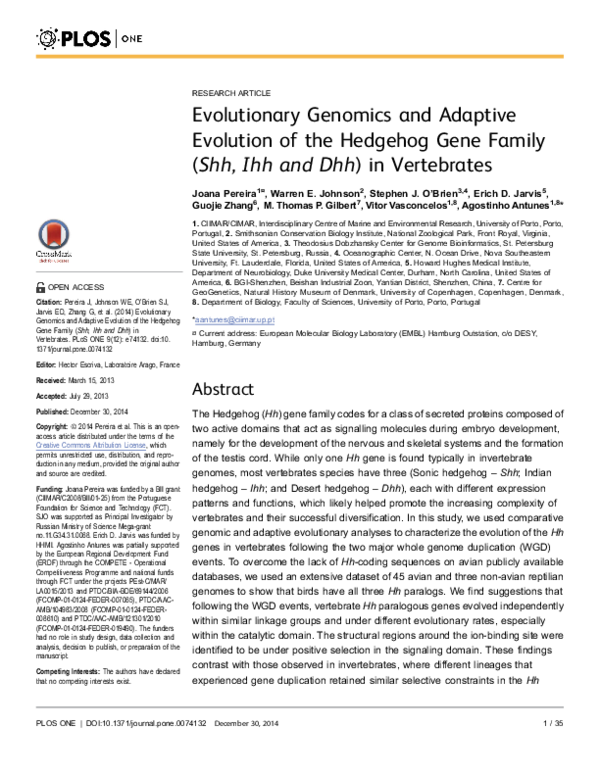 (PDF) Evolutionary Genomics and Adaptive Evolution of the Hedgehog Gene ...