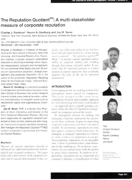 (PDF) The reputation quotient: A multi-stakeholder measure of corporate ...