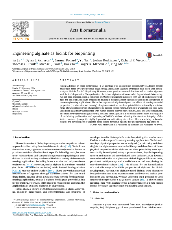 (PDF) Engineering alginate as bioink for bioprinting