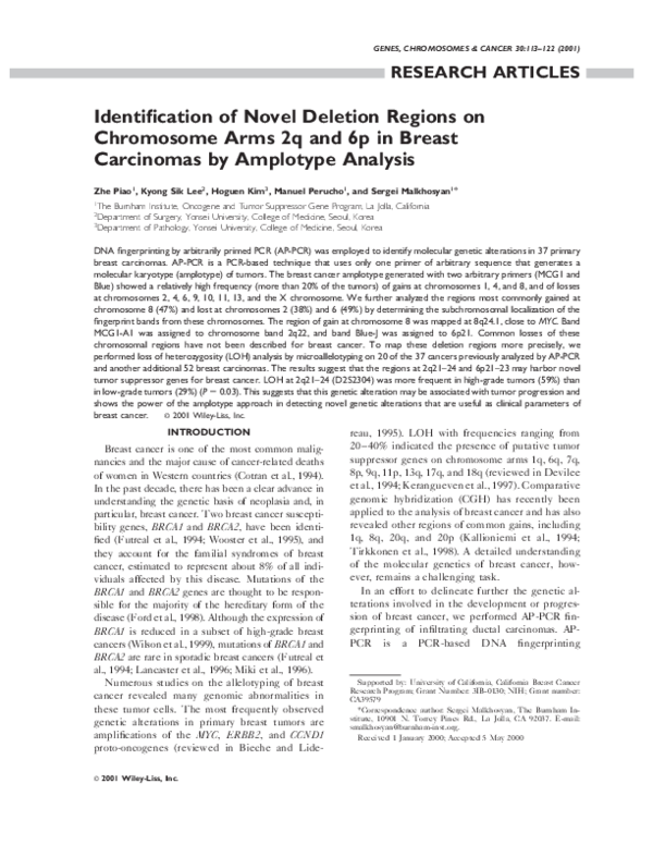 (PDF) Identification of novel deletion regions on chromosome arms 2q and 6p in breast carcinomas ...