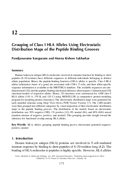 (PDF) Grouping of Class I HLA Alleles Using Electrostatic Distribution Maps of the Peptide ...
