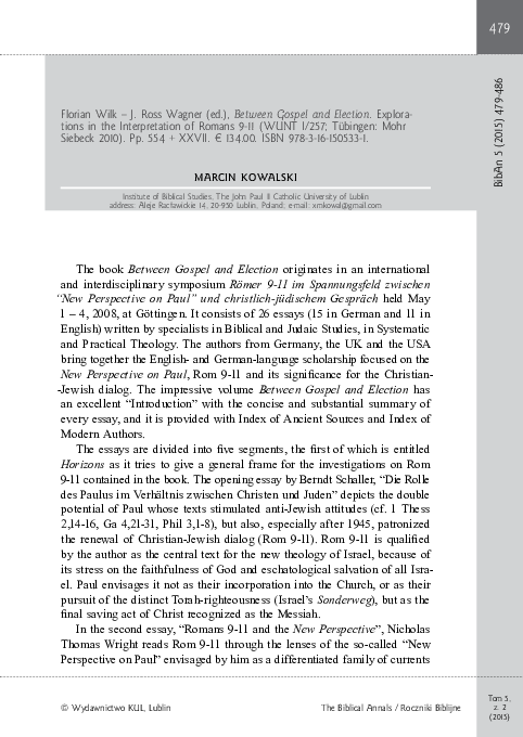 Book Review Florian Wilk – J. Ross Wagner (ed.), Between Gospel and ...