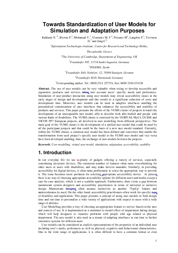 Pdf Towards Standardisation Of User Models For Simulation And Adaptation Purposes