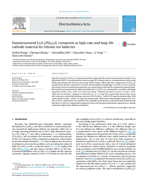 (PDF) Nanostructured Li3V2(PO4)3/C composite as high-rate and long-life cathode material for ...