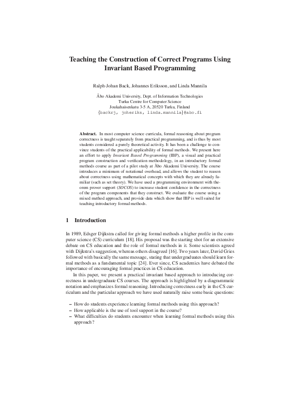 (PDF) Teaching the Construction of Correct Programs Using Invariant Based Programming