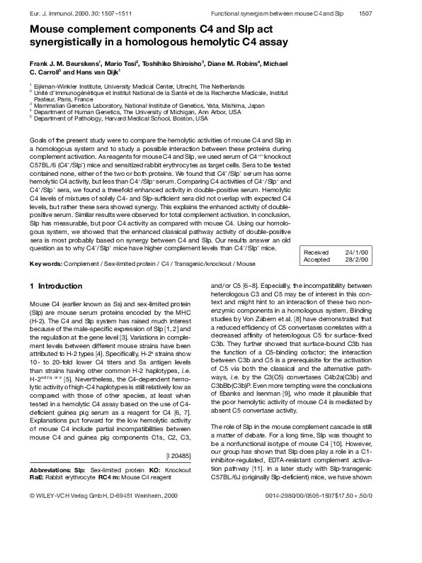(PDF) Mouse complement components C4 and Slp act synergistically in a ...
