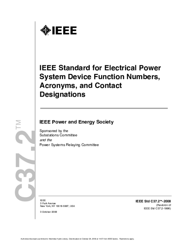 IEEE Std C37.2TM-2008 - IEEE Standard for Electrical Power System Device Function Numbers ...