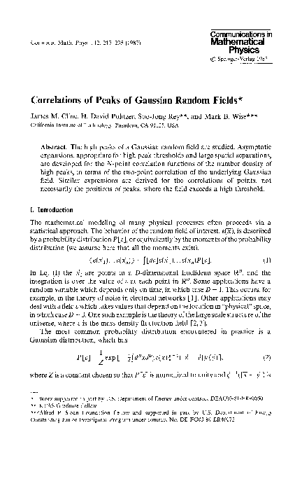 (PDF) Correlations of peaks of Gaussian random fields | Soo-jong Rey - Academia.edu