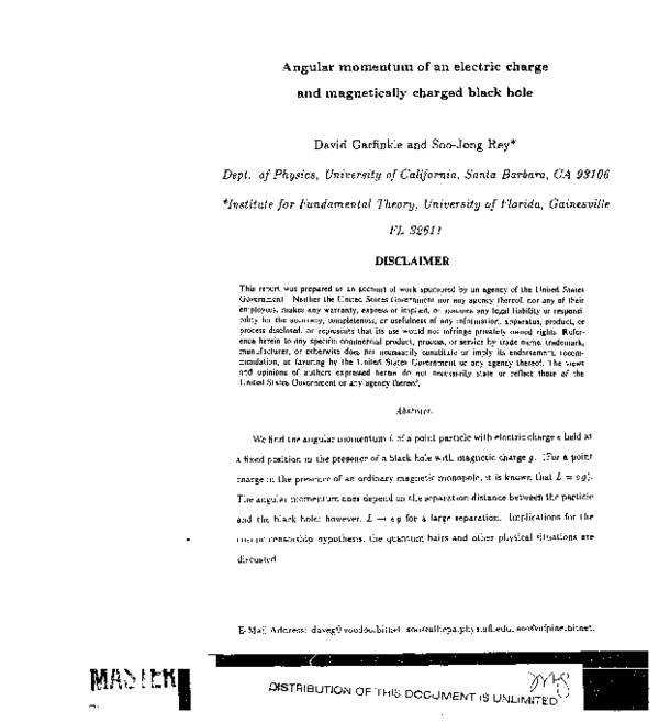 (PDF) Angular momentum of an electric charge and magnetically charged black hole