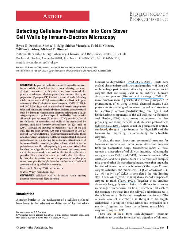 (PDF) Detecting cellulase penetration into corn stover cell walls by immuno-electron microscopy