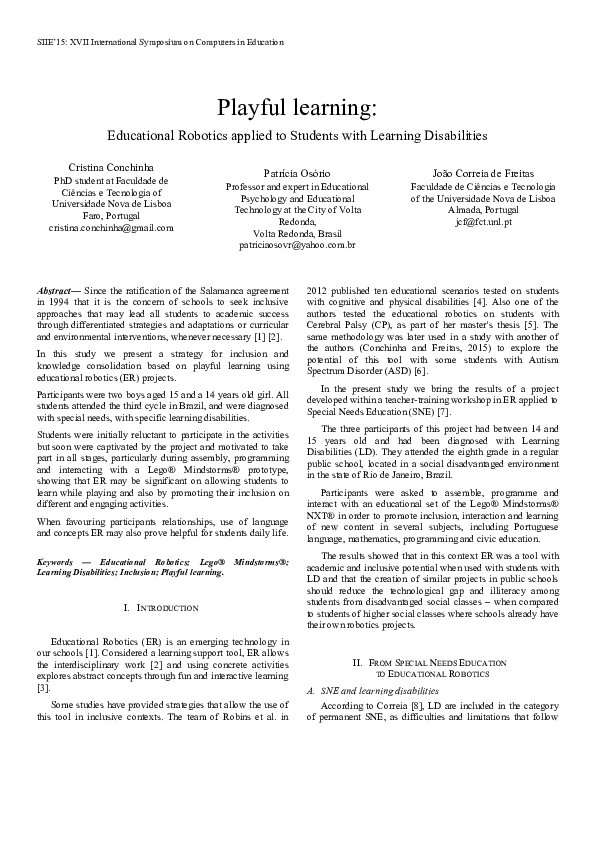 Playful learning: Educational robotics applied to students with learning disabilities