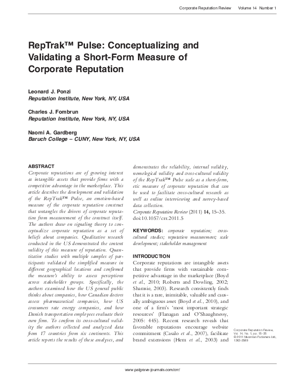 (PDF) RepTrak™ Pulse: Conceptualizing and Validating a Short-Form ...