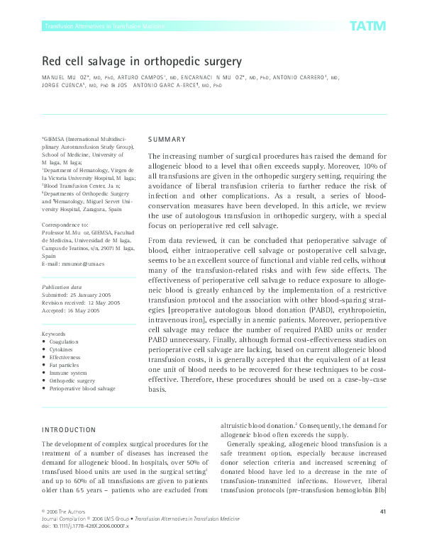 (PDF) Red cell salvage in orthopedic surgery