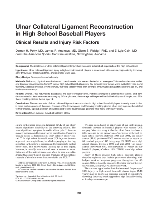 (PDF) Ulnar Collateral Ligament Reconstruction in High School Baseball ...