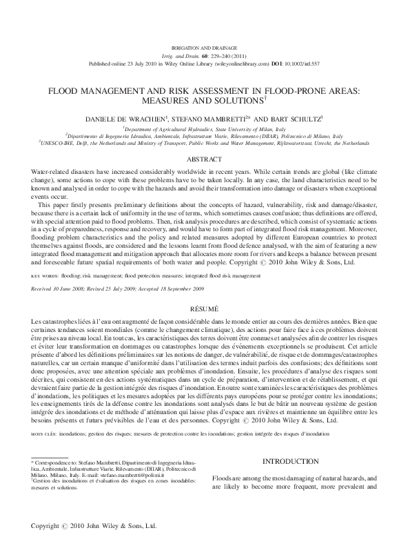 (PDF) Flood management and risk assessment in flood-prone areas: Measures and solutions