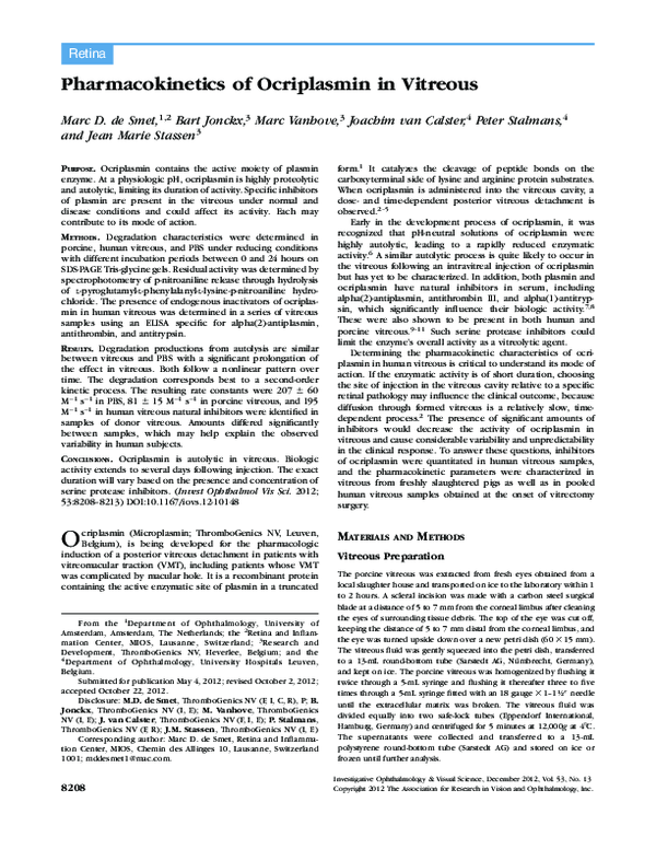 (PDF) Pharmacokinetics of Ocriplasmin in Vitreous