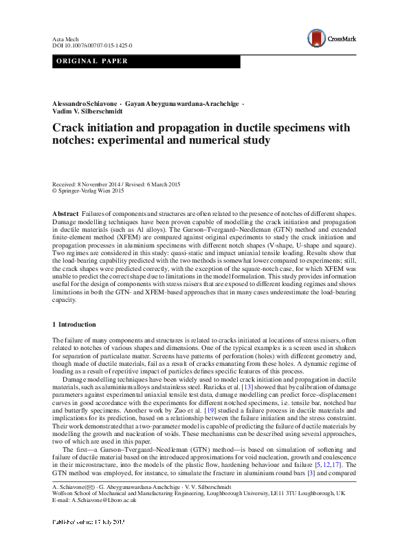 Pdf Crack Initiation And Propagation In Ductile Specimens With Notches Experimental And