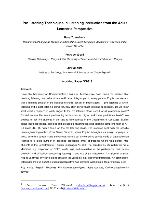 (PDF) Pre-listening Techniques in Listening Instruction from the Adult Learner's Perspective