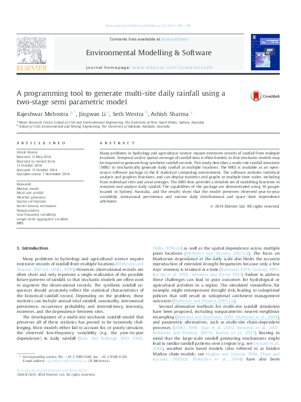 Pdf A Programming Tool To Generate Multi Site Daily Rainfall Using A