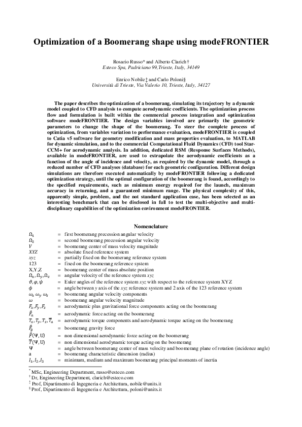 (PDF) Optimization of a Boomerang shape using modeFRONTIER