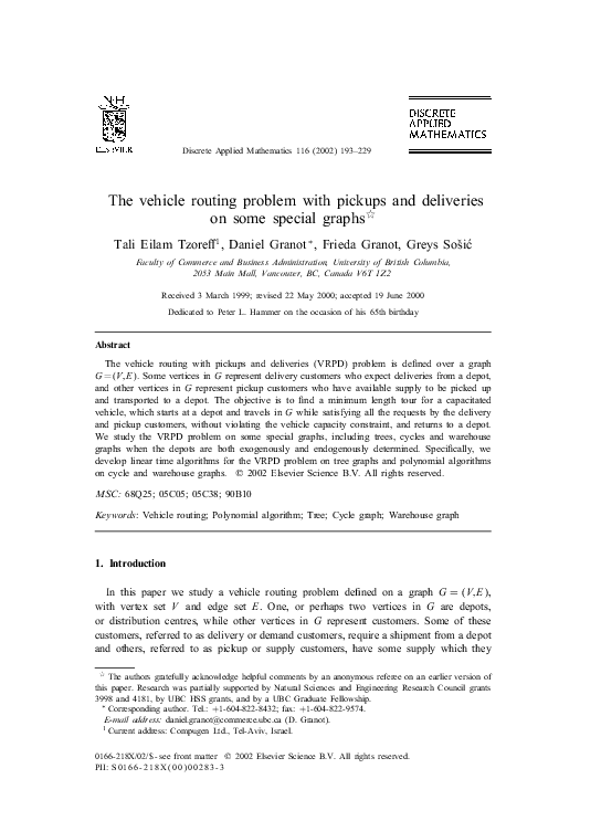 (PDF) The vehicle routing problem with pickups and deliveries on some ...