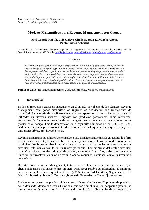 (PDF) Modelos Matemáticos para Revenue Management con Grupos