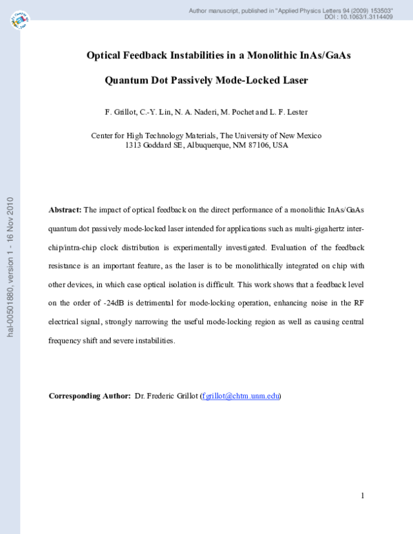(PDF) Optical feedback instabilities in a monolithic InAs/GaAs quantum dot passively mode-locked ...