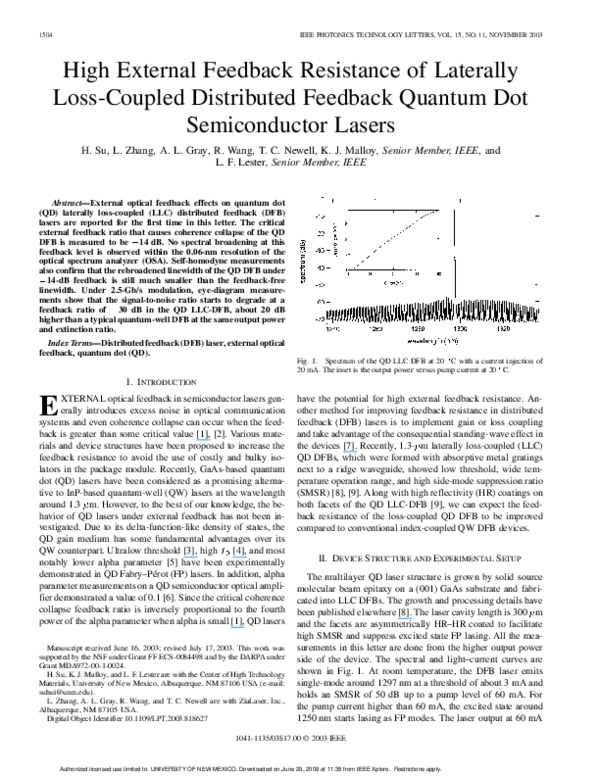 (PDF) High external feedback resistance of laterally loss-coupled distributed feedback quantum ...