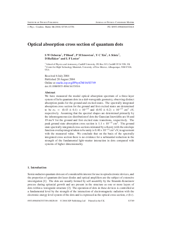 (PDF) Optical absorption cross section of quantum dots