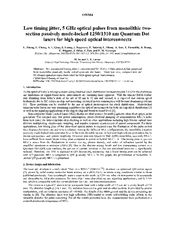 Pdf Low Timing Jitter 5 Ghz Optical Pulses From Monolithic Two Section Passively Mode Locked