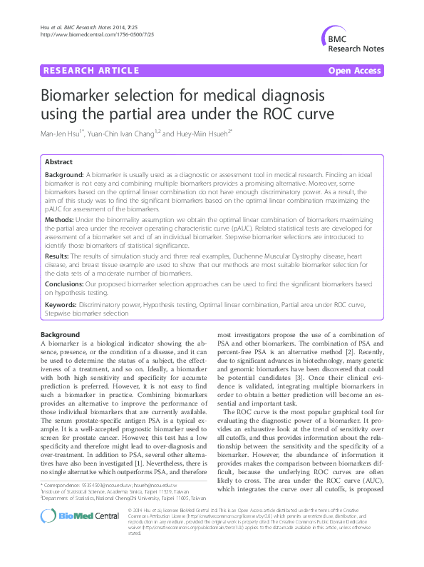 (PDF) Biomarker selection for medical diagnosis using the partial area ...