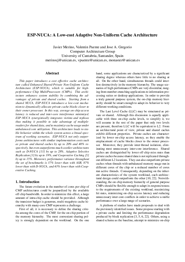 (PDF) ESP-NUCA: A low-cost adaptive Non-Uniform Cache Architecture