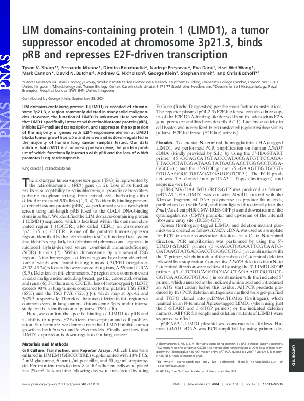 (PDF) LIM domains-containing protein 1 (LIMD1), a tumor suppressor ...