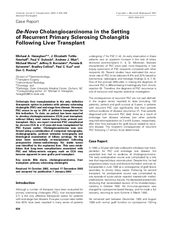 (PDF) De-Novo Cholangiocarcinoma in the Setting of Recurrent Primary Sclerosing Cholangitis ...
