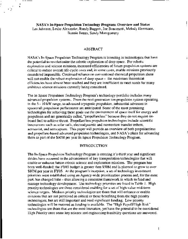 (PDF) NASA's In-Space Propulsion Technology Program: Overview and Update