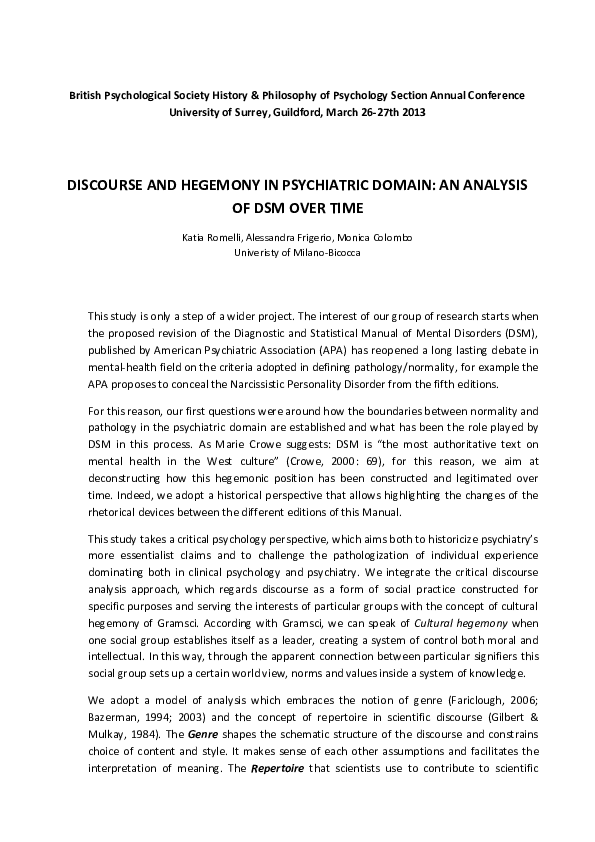 (PDF) Discourse and Hegemony: An analysis of DSM discourse over time