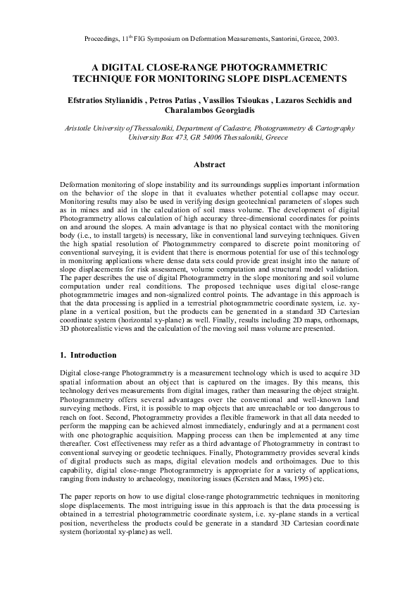 (PDF) A DIGITAL CLOSE-RANGE PHOTOGRAMMETRIC TECHNIQUE FOR MONITORING SLOPE DISPLACEMENTS