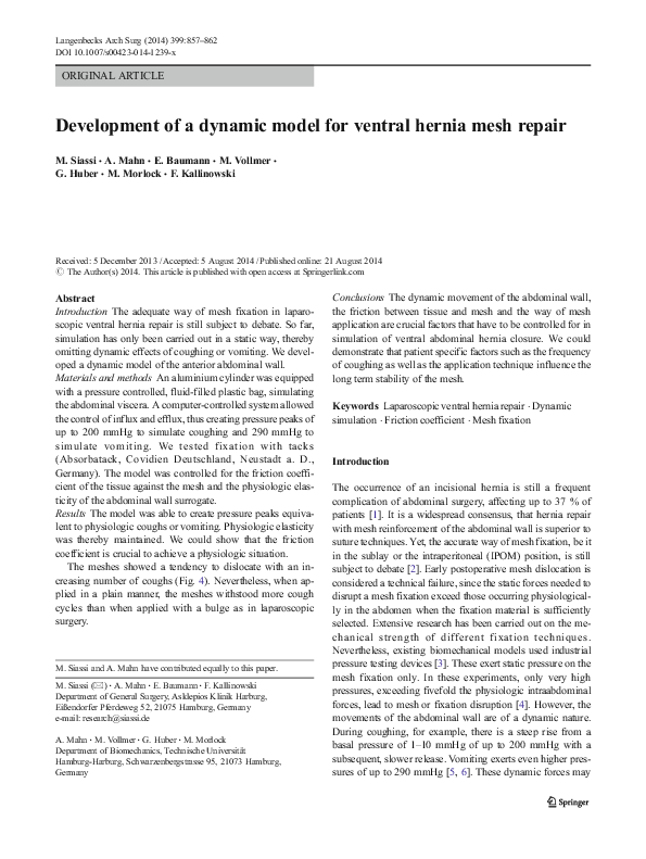 (PDF) Modeling of the fascia-mesh system and sensitivity analysis of a ...