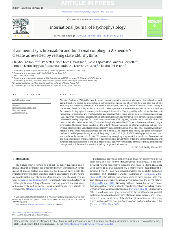 Pdf Brain Neural Synchronization And Functional Coupling In Alzheimer