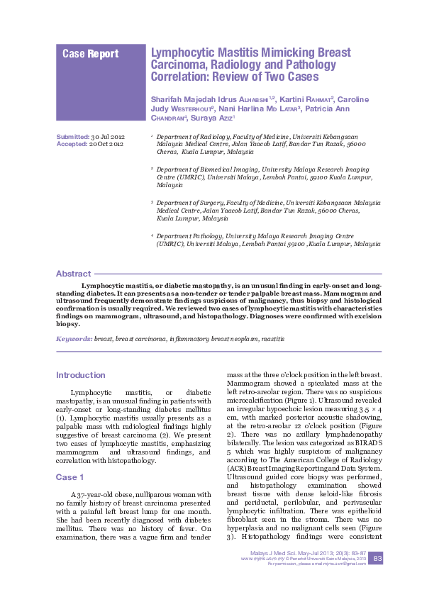 (PDF) Lymphocytic mastitis mimicking breast carcinoma, radiology and ...