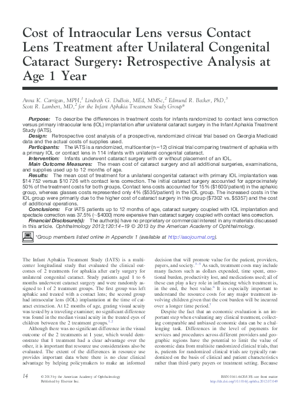 (PDF) Cost of Intraocular Lens versus Contact Lens Treatment after ...