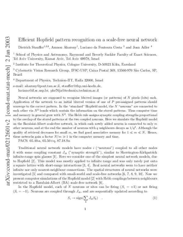 Pdf Efficient Hopfield Pattern Recognition On A Scale Free Neural Network