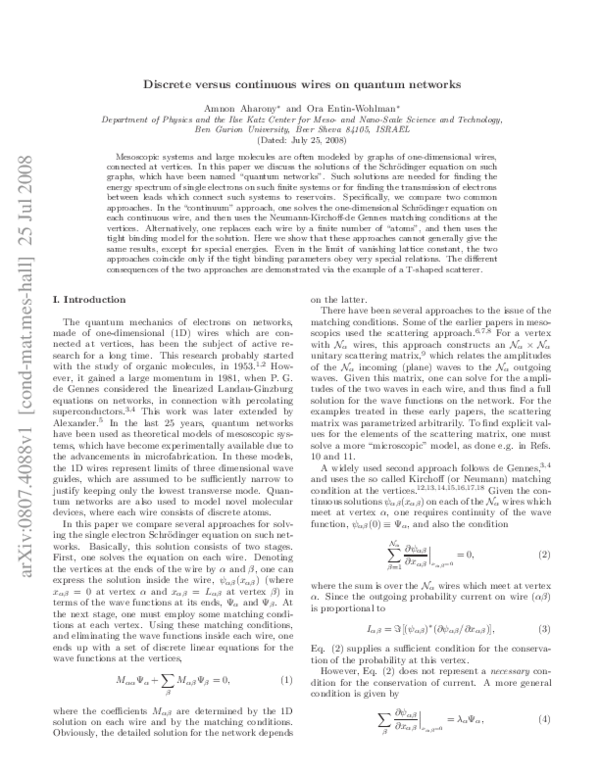 (PDF) Discrete versus Continuous Wires on Quantum Networks † | O. Entin-wohlman and Amnon ...