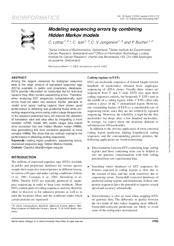 Pdf Modeling Sequencing Errors By Combining Hidden Markov Models 0435