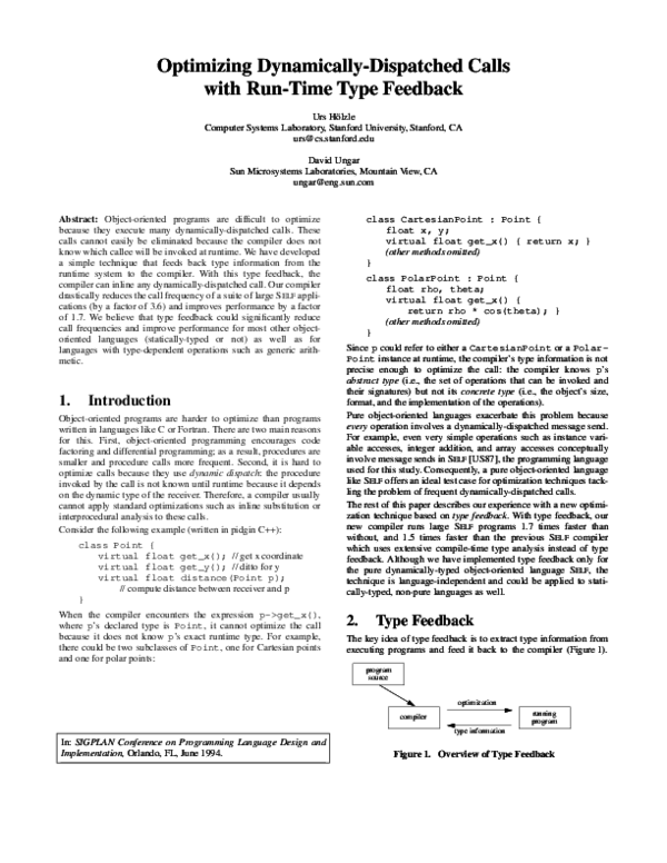 Pdf Optimizing Dynamically Dispatched Calls With Run Time Type Feedback Urs Hölzle
