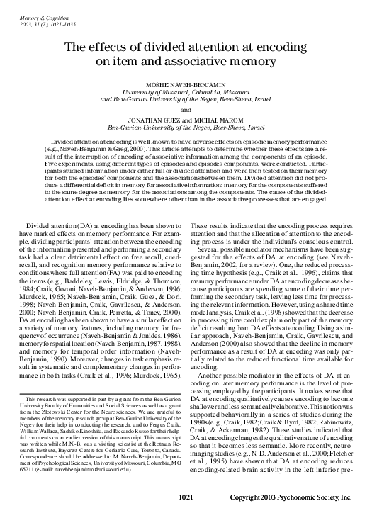 (PDF) The effects of divided attention at encoding on item and associative memory | Moshe Naveh ...